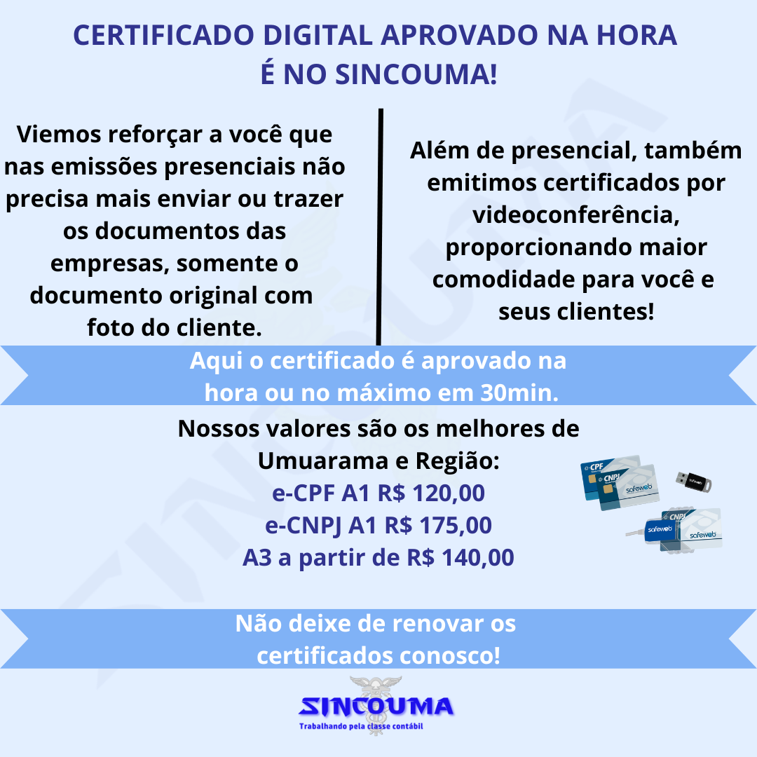 CERTIFICADO DIGITAL APROVADO NA HORA É NO SINCOUMA!